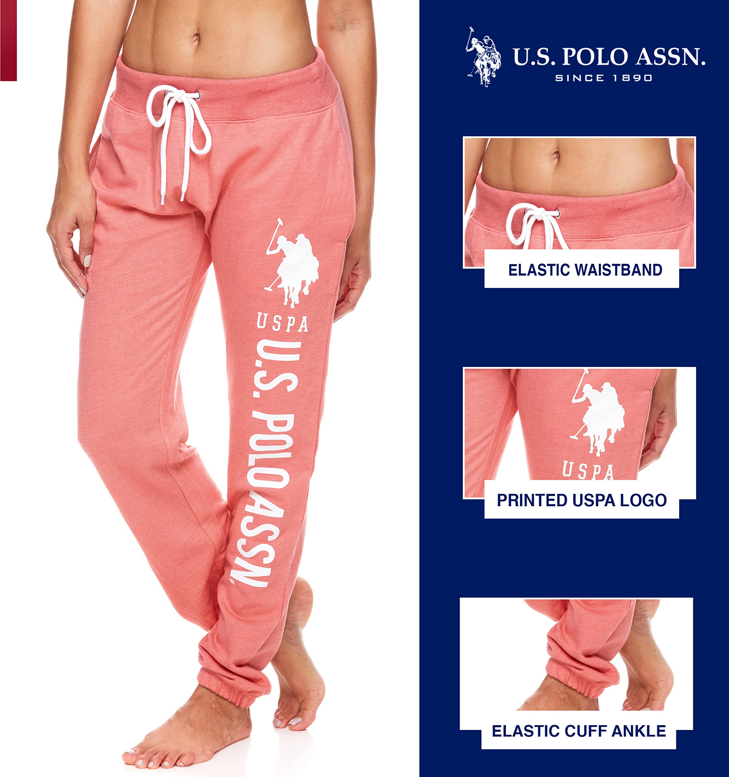 U.S. Polo Assn. Womens Sweatpants - Women Joggers Sweats with Logo Print - French Terry Poly-Cotton (Coral Heather with White Print, Large)