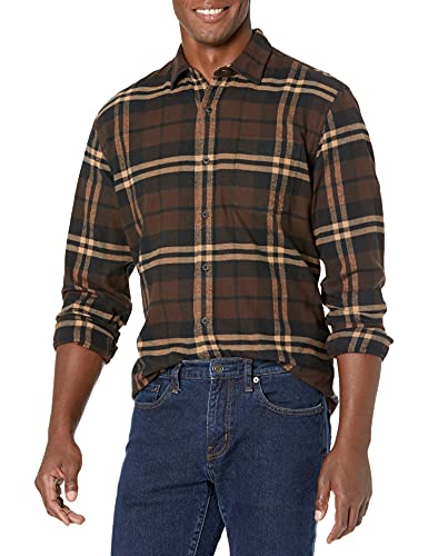 Amazon Essentials Men's Long-Sleeve Flannel Shirt (Available in Big & Tall), Dark Brown Plaid, Large