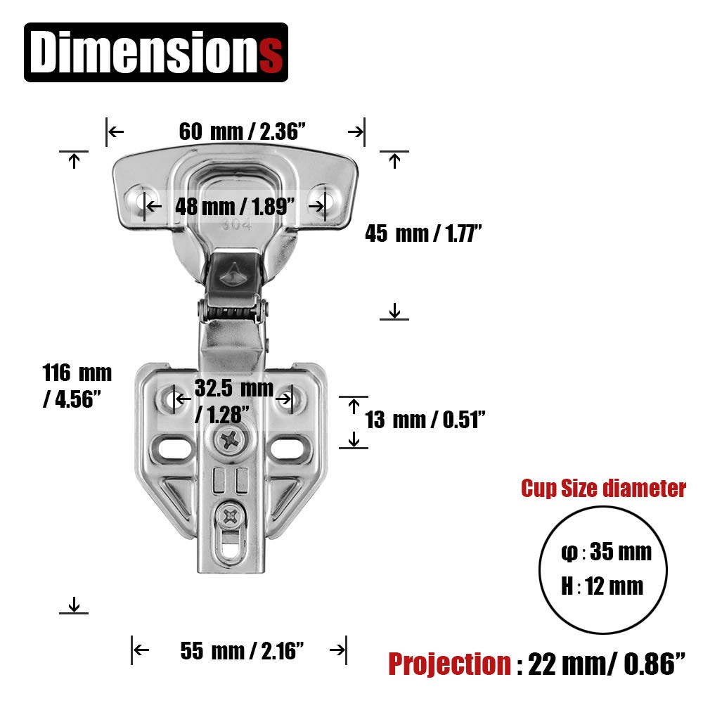 JQK Cabinet Hinges, 100 Degree Soft Closing Full Overlay Door Hinge for Frameless Cabinets, Stainless Steel Nickel Plated Finish, 4 Pack, CH100-P4