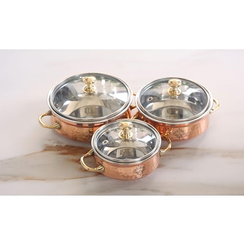 IndianArtVilla Steel Copper Handi Bowl with Brass Handle & Glass Lid, Serving Indian Dishes, 24 OZ