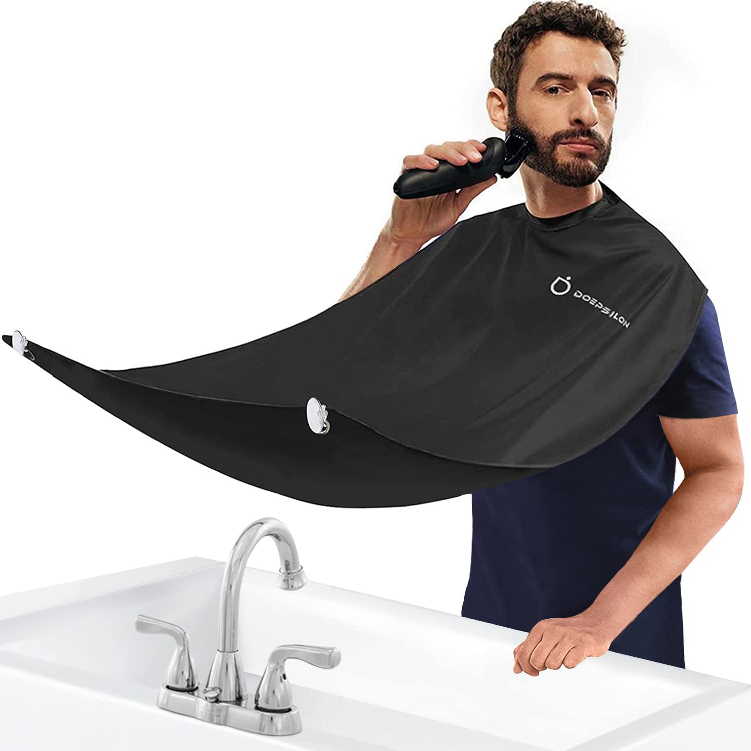 Beard Bib Apron, Beard Bib Hair Catcher for Shaving, Non-Stick Beard Shave Cape, with 4 Suction Cups, Grooming Accessories for Men, Gifts for Men Husband Father (Black)