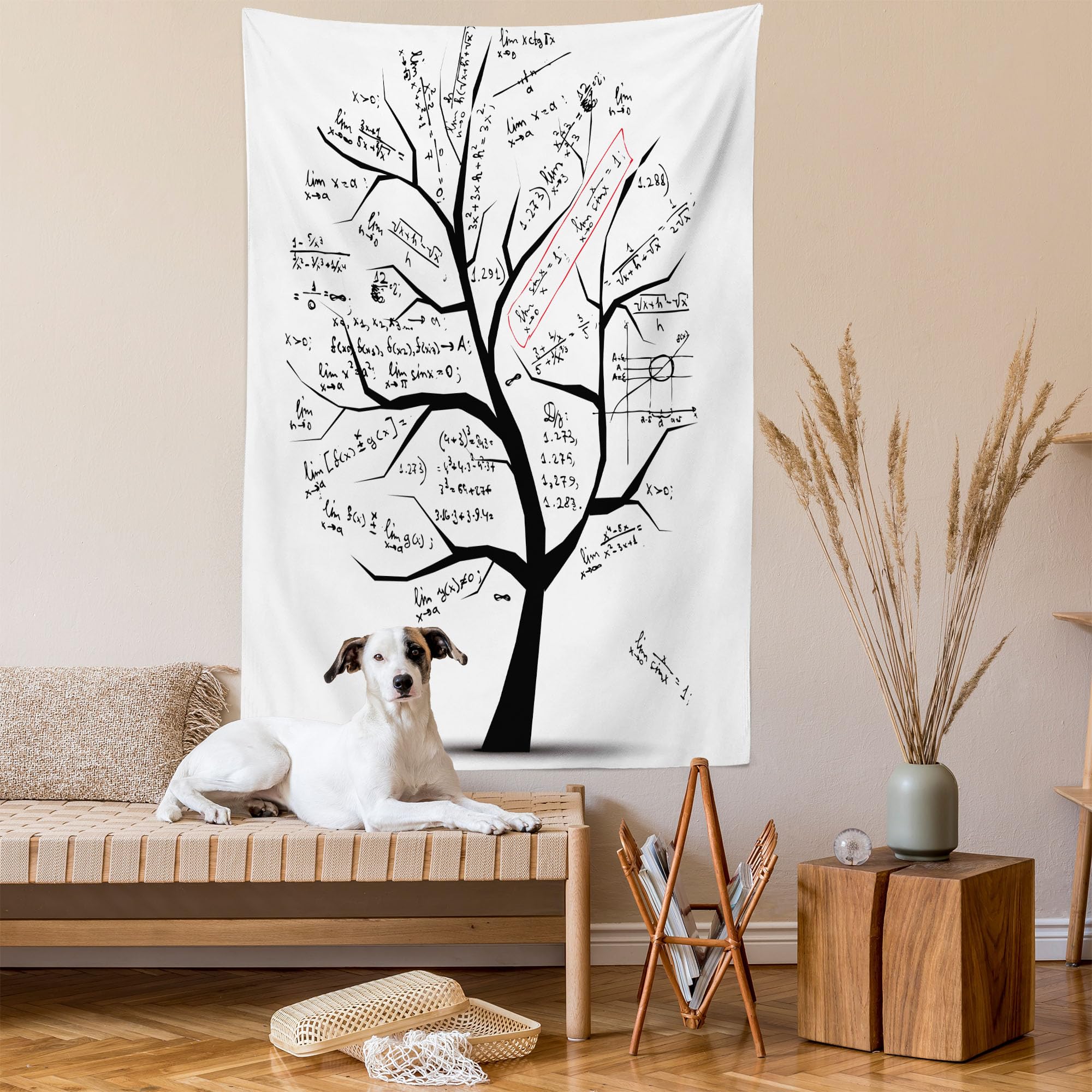 Lunarable Mathematics Room Tapestry King Size, Math Tree Branches Complex Formulas Solution Knowledge Print, Wall Hanging Bedspread Bed Cover Wall Decor, 30" X 45", Black and White