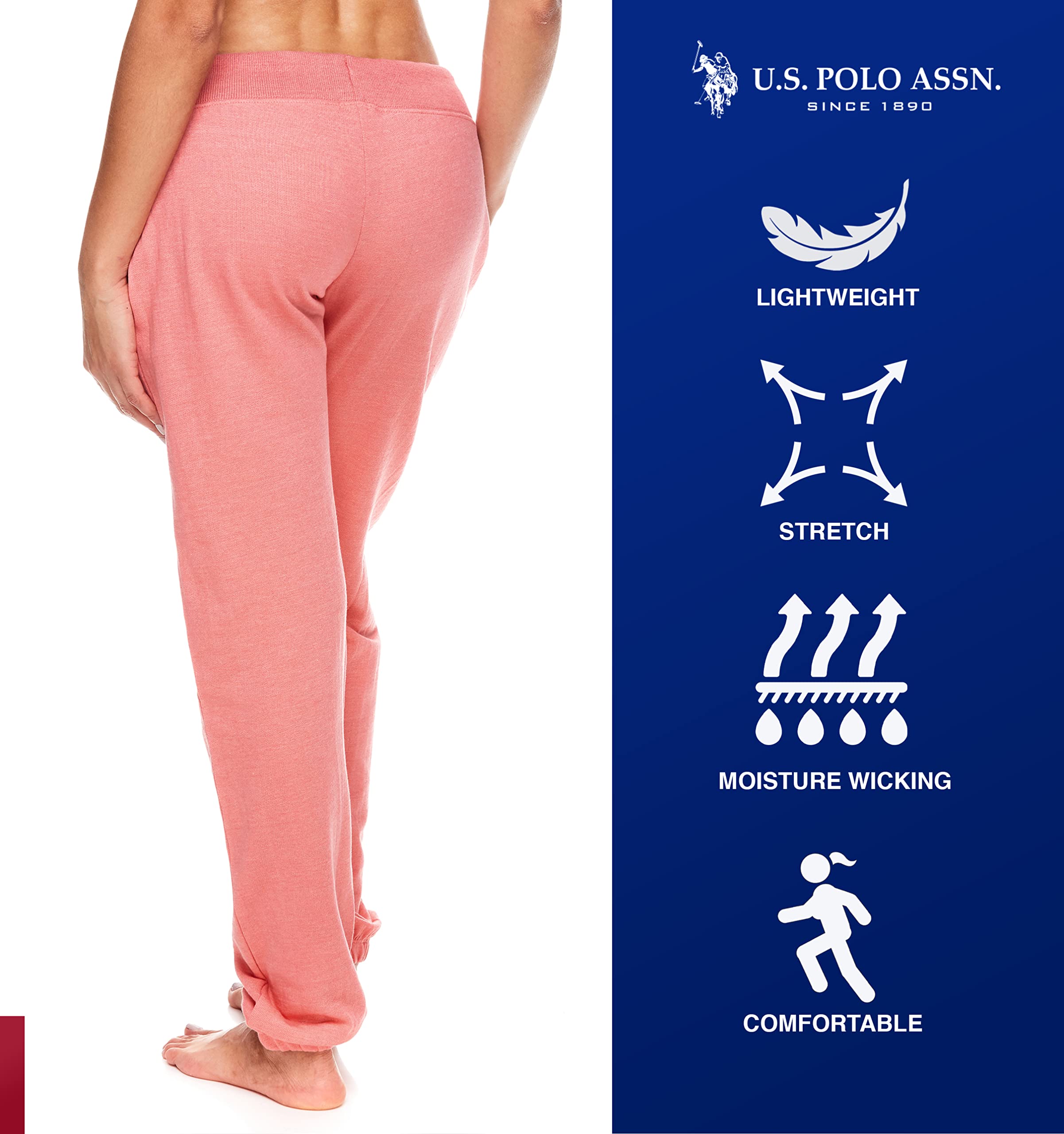 U.S. Polo Assn. Womens Sweatpants - Women Joggers Sweats with Logo Print - French Terry Poly-Cotton (Coral Heather with White Print, Large)