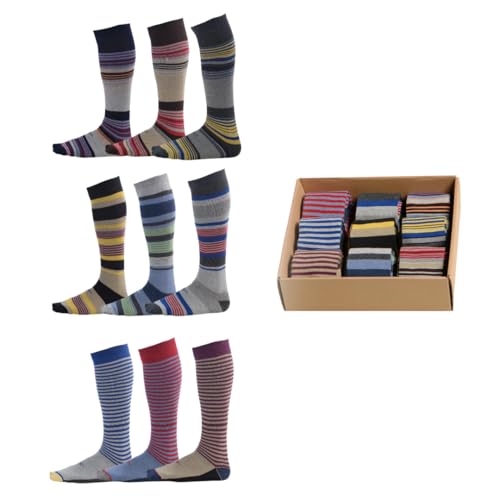 Pierre Henry Over the Calf Mens Dress Socks (9 Pairs) | Cotton Made, Long Socks, Wide Socks | Light Compression Socks for Men in Elegant Striped Patterns | Big and Tall Size (US Mens Shoe 12-16)