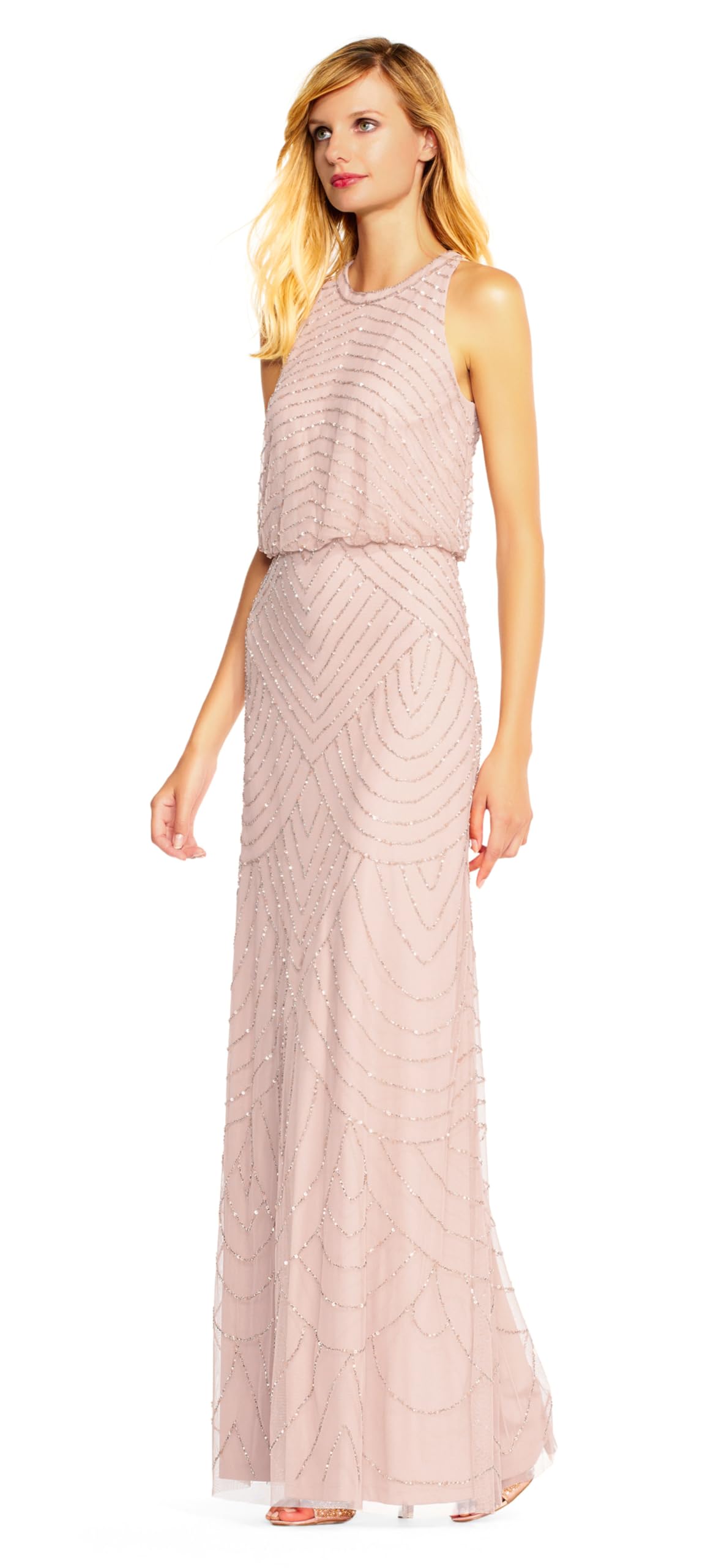 Adrianna Papell Womens Art Deco Beaded Blouson Dress with Halter Neckline, Blush, 16