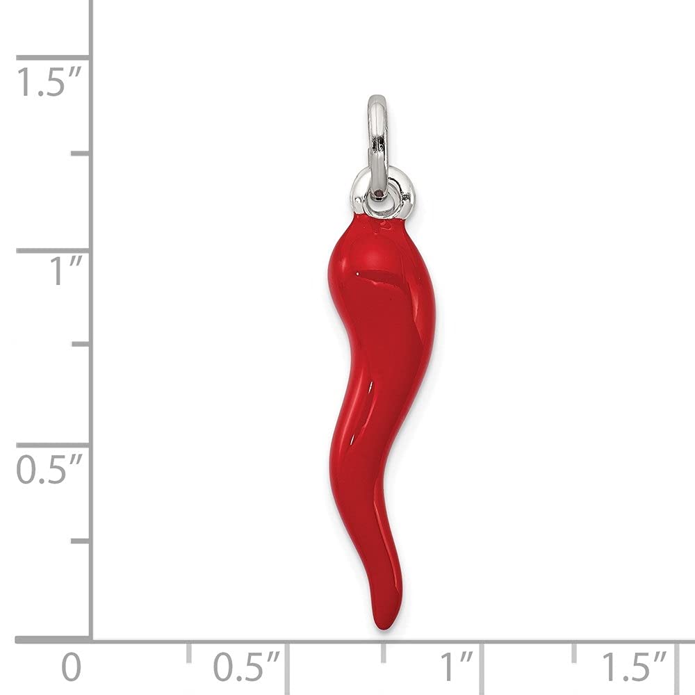 Diamond2Deal 925 Sterling Silver Red Enamel Italian Horn Pendant (L- 33 mm W- 7 mm)