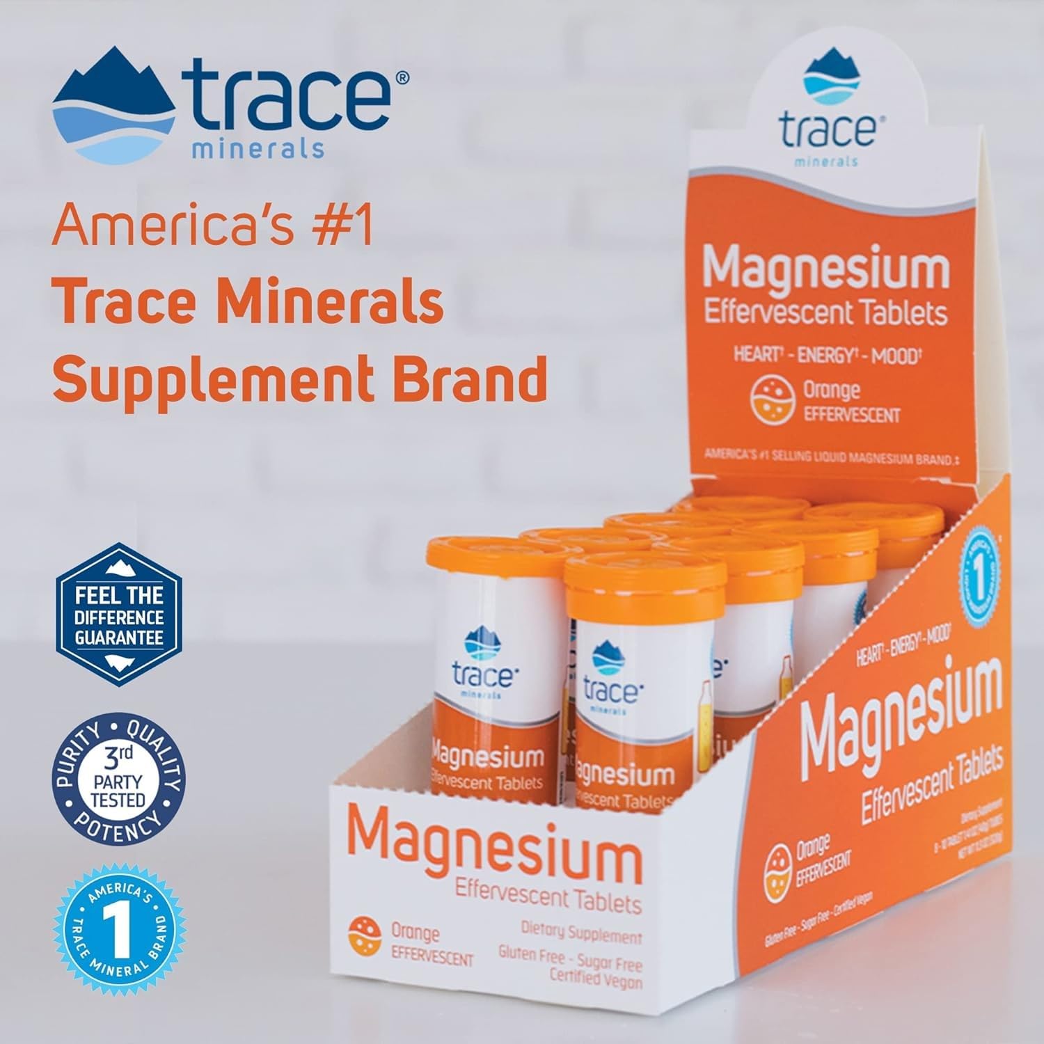 Trace Minerals Magnesium Effervescent - Bone & Circulatory Health Support Supplement - Magnesium Supplement to Aid Cardiovascular Health & Positive Outlook - Orange, 8 Containers (80 Servings)