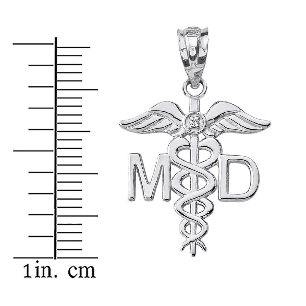 .925 Sterling Silver Caduceus MD Charm Medical Doctor CZ Pendant Necklace, 16"