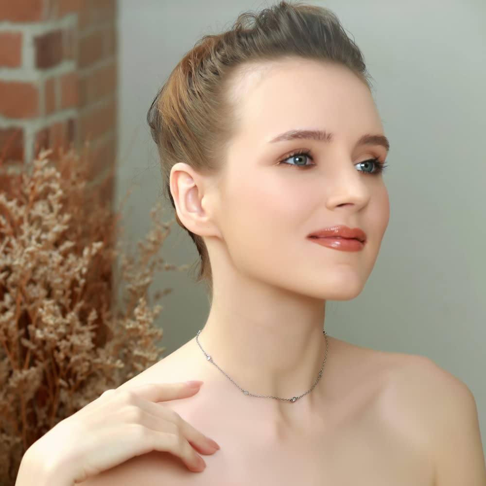 B. BRILLIANT Choker Necklace for Women Sterling Silver Cubic Zirconia Station Dainty Short Chain for Men, 13-16 Inch Extender