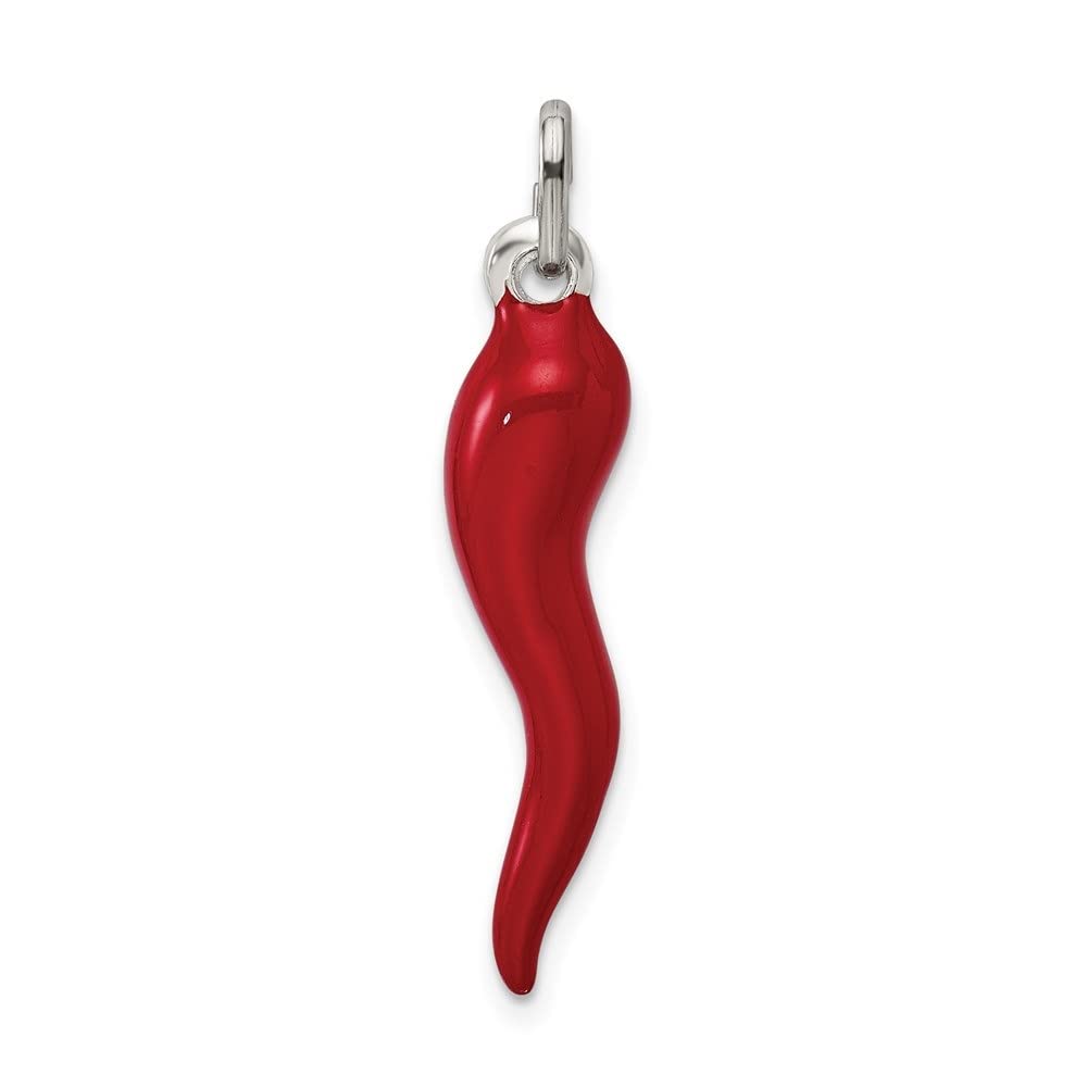 Diamond2Deal 925 Sterling Silver Red Enamel Italian Horn Pendant (L- 33 mm W- 7 mm)
