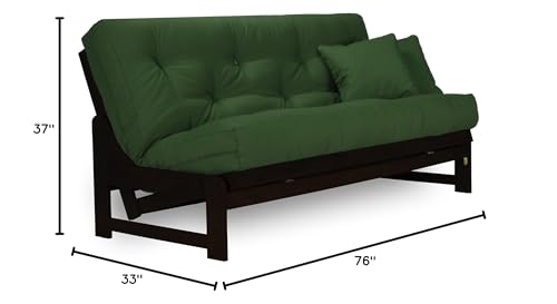 Arden Dark Espresso (Near Black) Futon Set Full or Queen Size - Armless Wood Futon Frame with Mattress Included (Twill Hunter Green), Sofa Bed Sleeper