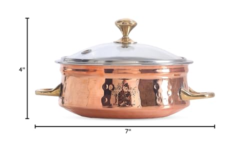 IndianArtVilla Steel Copper Handi Bowl with Brass Handle & Glass Lid, Serving Indian Dishes, 24 OZ