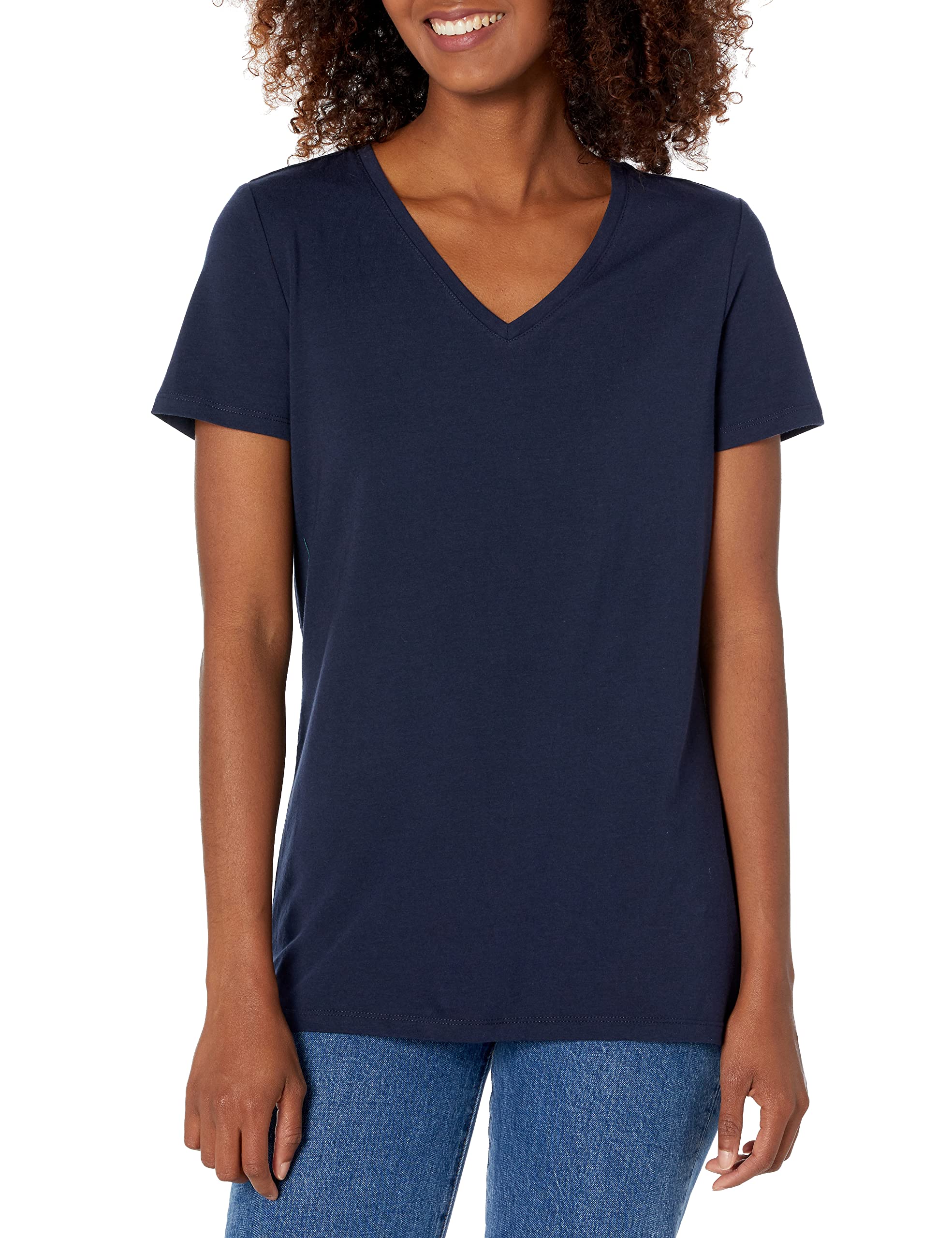 Amazon Essentials Women's Classic-Fit Short-Sleeve V-Neck T-Shirt, Pack of 2, Dark Green/Navy, Large