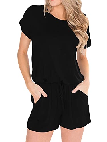 ANRABESS Women's Summer Black Casual Short Sleeve Crewneck Jumpsuit Rompers with Pockets Lounge Rompers HEI-L BYF-33