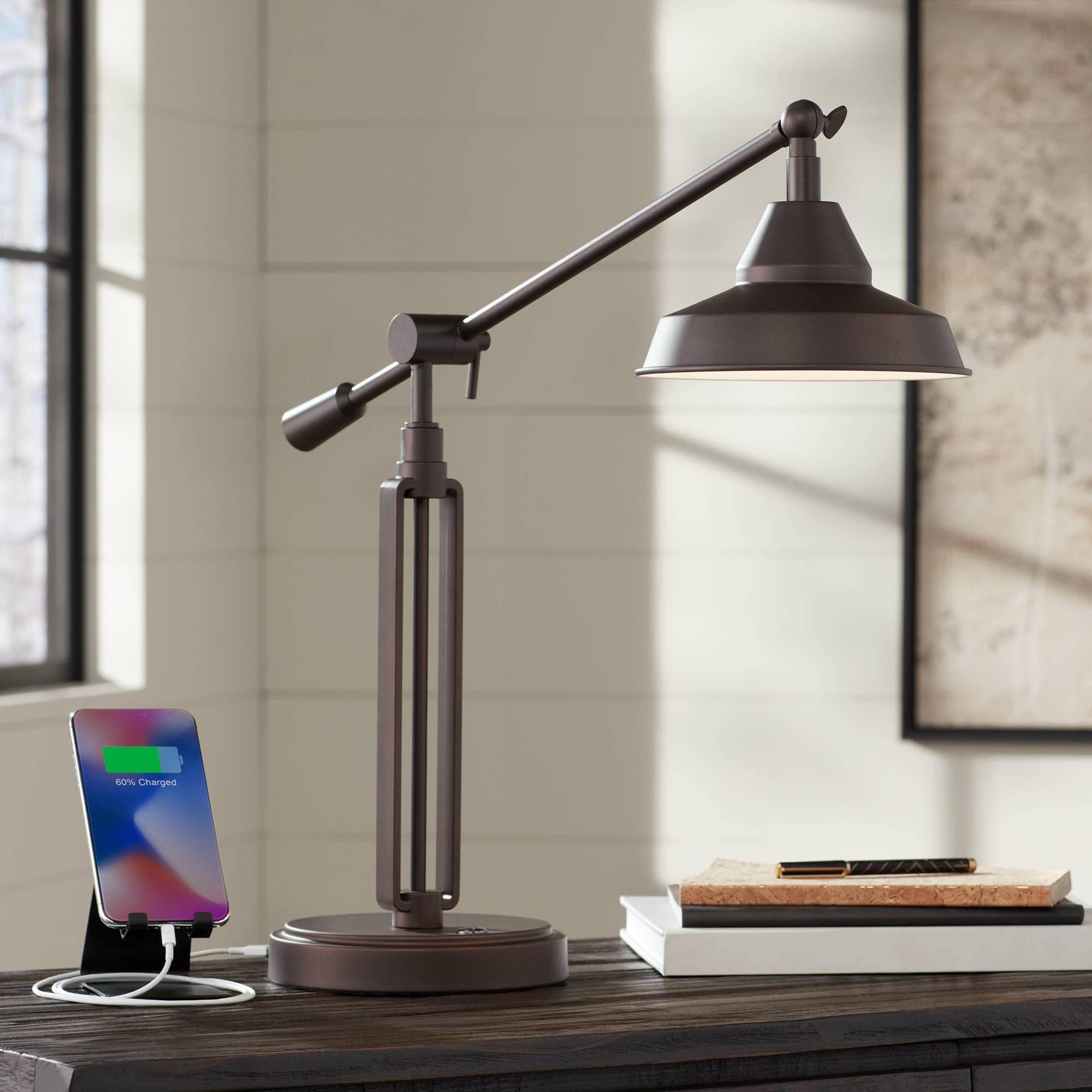 Franklin Iron Works Turnbuckle Rustic Farmhouse Desk Lamp 25" High with USB Charging Port Oil Rubbed Bronze LED Adjustable Metal Shade for Bedroom Living Room House Bedside Nightstand Home Office