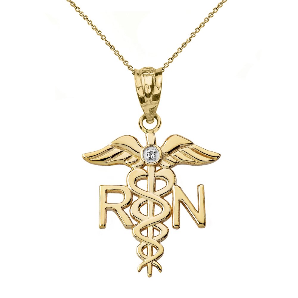14k Yellow Gold Solitaire Diamond Caduceus RN Charm Registered Nurse Necklace, 16"