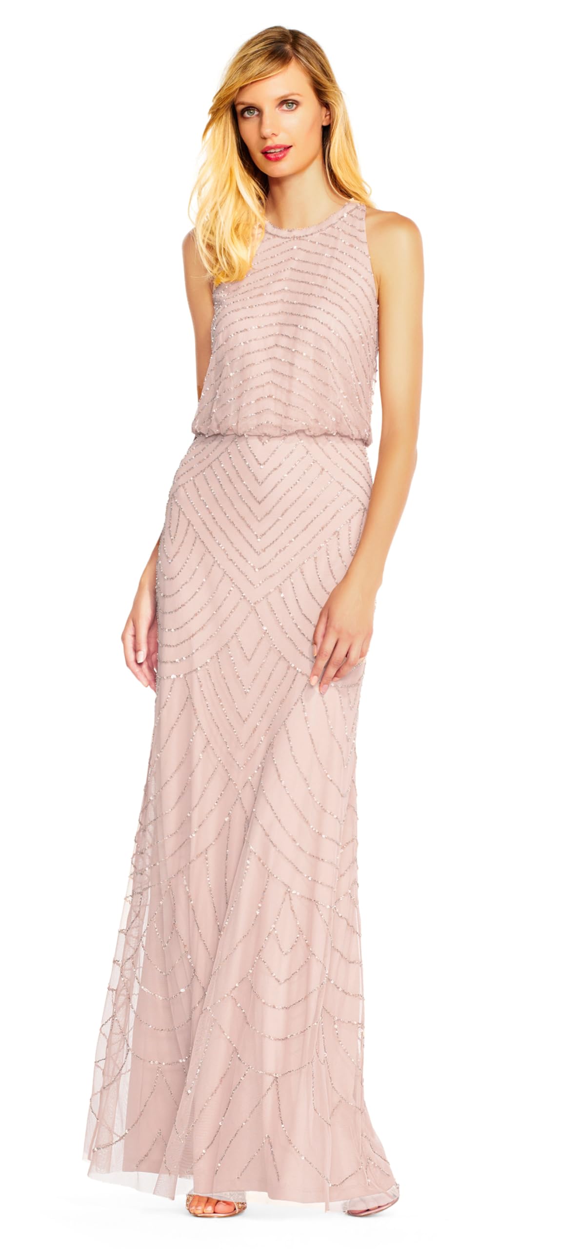 Adrianna Papell Womens Art Deco Beaded Blouson Dress with Halter Neckline, Blush, 16