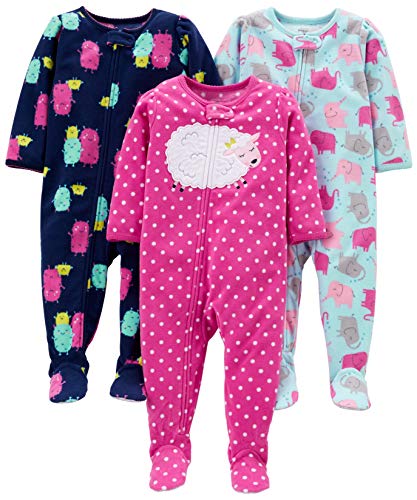 Simple Joys by Carter's Baby Girls' 3-Pack Loose Fit Flame Resistant Fleece Footed Pajamas, Blue Elephant/Navy Monster/Pink Dots, 24 Months