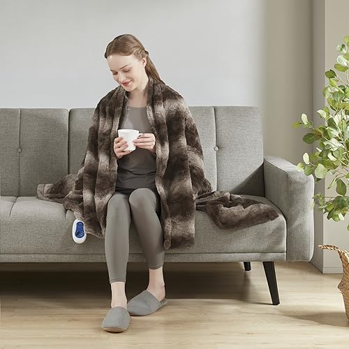 Beautyrest Zuri Reversible Faux Fur to Mink Electric Blanket, Auto Shut Off, Virtually Zero EMF, Multi Heat Setting, UL Certified, Machine Washable, Brown Throw 50x70