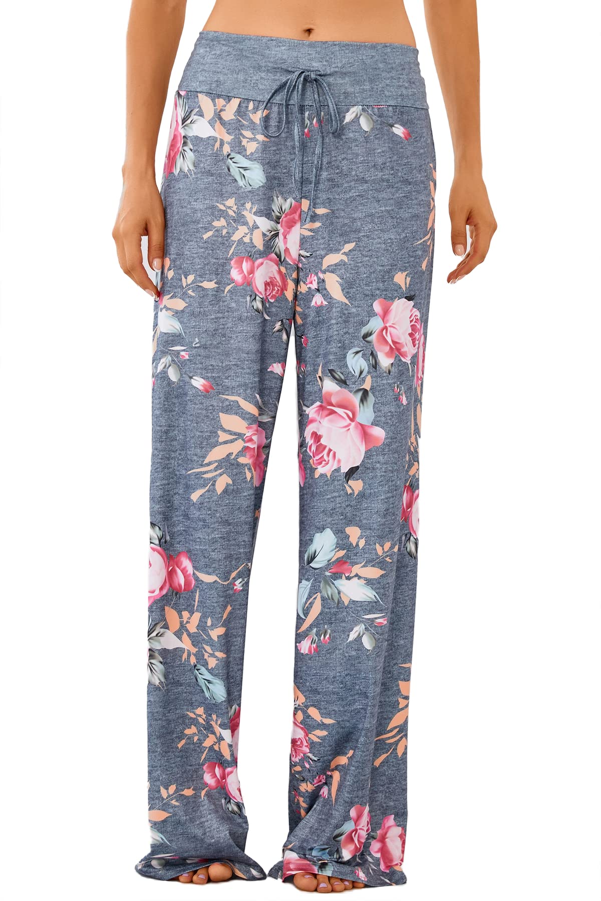 X-Image Women's Fold Over High Waist Wide Leg Long Palazzo Pants Light Grey, Medium