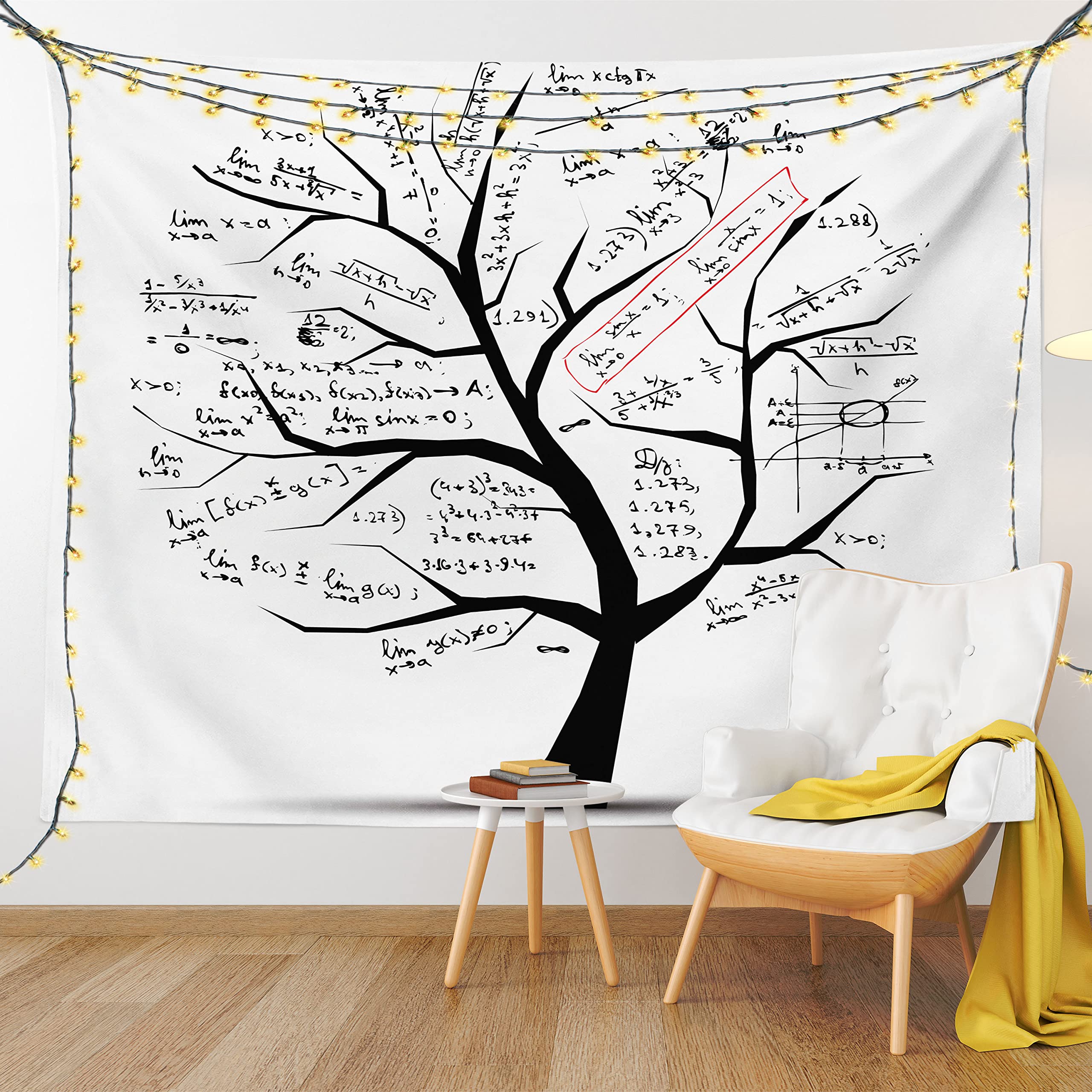 Lunarable Mathematics Room Tapestry King Size, Math Tree Branches Complex Formulas Solution Knowledge Print, Wall Hanging Bedspread Bed Cover Wall Decor, 30" X 45", Black and White