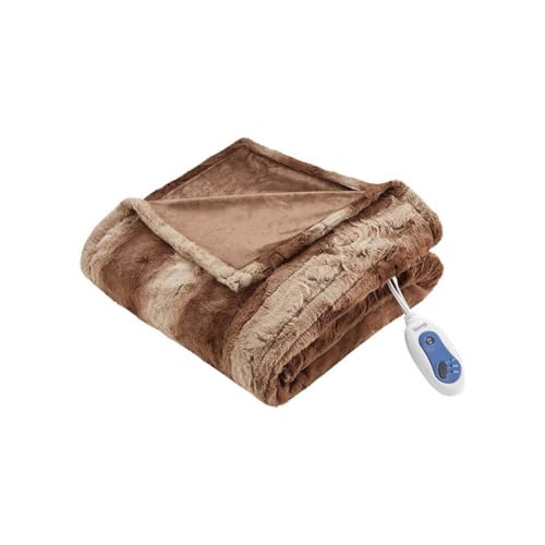 Beautyrest Zuri Reversible Faux Fur to Mink Electric Blanket, Auto Shut Off, Virtually Zero EMF, Multi Heat Setting, UL Certified, Machine Washable, Brown Throw 50x70