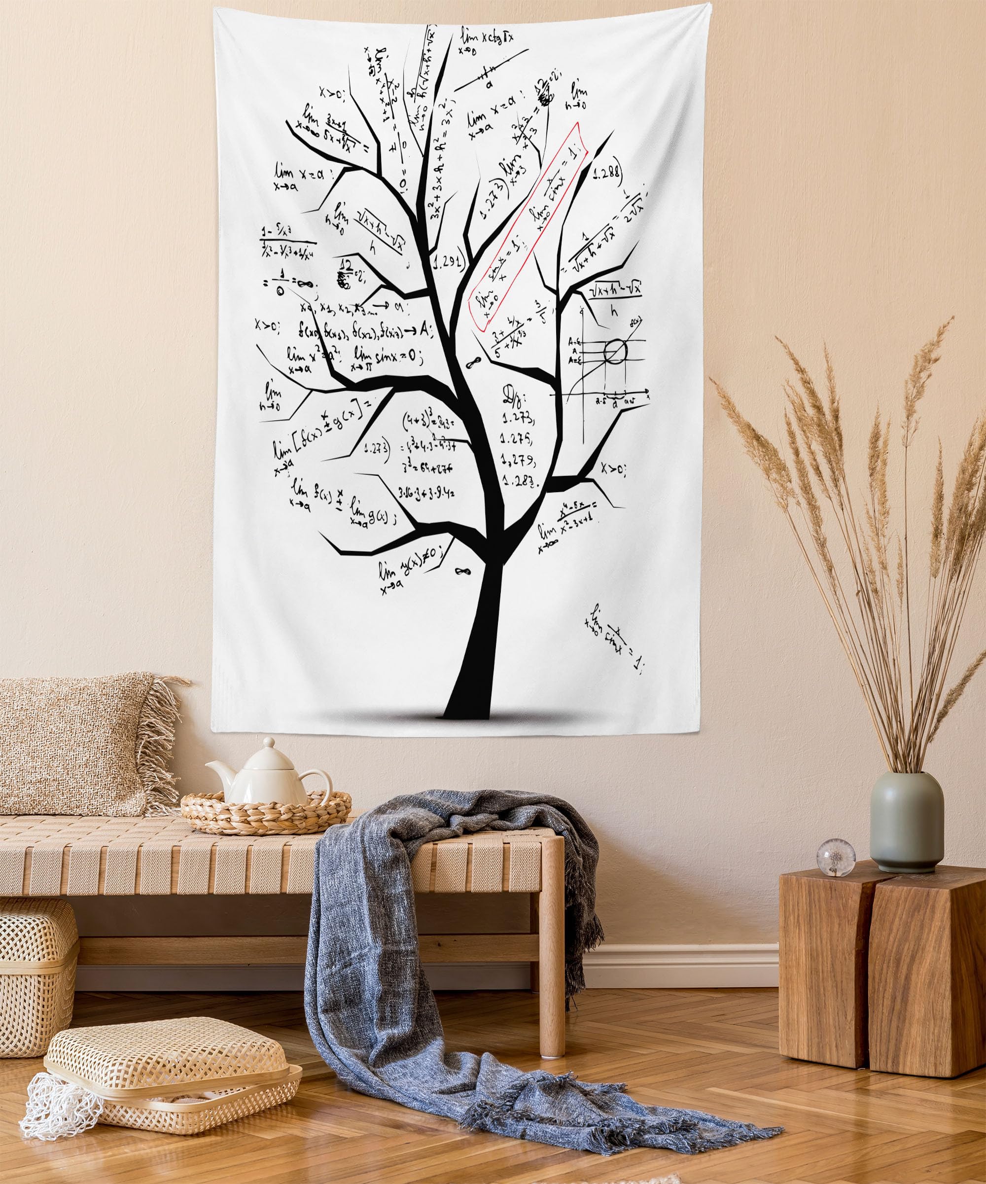 Lunarable Mathematics Room Tapestry King Size, Math Tree Branches Complex Formulas Solution Knowledge Print, Wall Hanging Bedspread Bed Cover Wall Decor, 30" X 45", Black and White