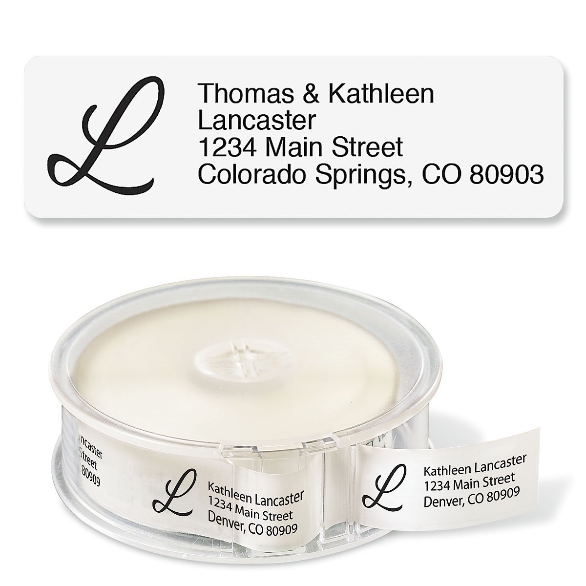 Clear with Initial Standard Rolled Address Labels - Set of 250 2 1/2" x 3/4" Rolled Labels with Clear Acrylic Dispenser