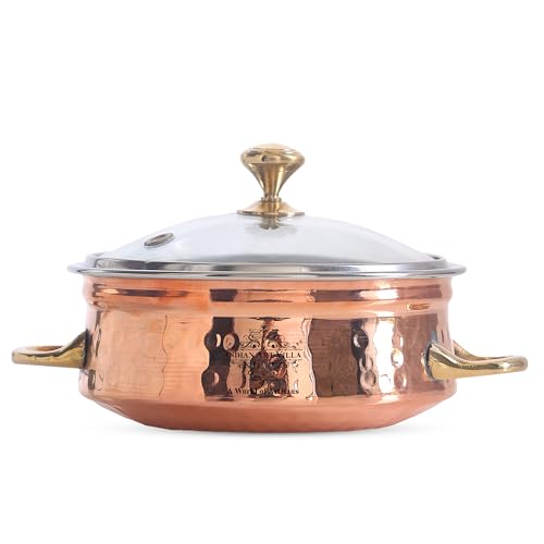 IndianArtVilla Steel Copper Handi Bowl with Brass Handle & Glass Lid, Serving Indian Dishes, 24 OZ