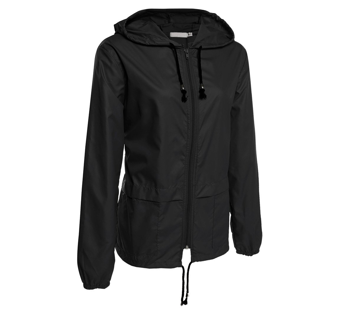Hount Women's Lightweight Hooded Raincoat Waterproof Packable Active Outdoor Rain Jacket (Black, XL)