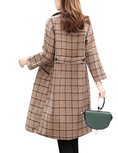 Tanming Women's Double Breasted Long Plaid Wool Blend Pea Coat Outerwear (Brown-M)