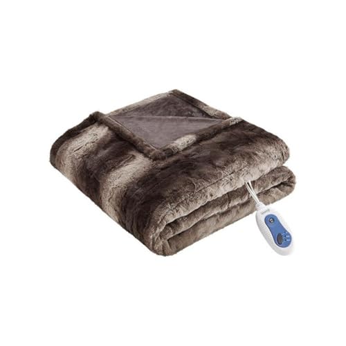 Beautyrest Zuri Reversible Faux Fur to Mink Electric Blanket, Auto Shut Off, Virtually Zero EMF, Multi Heat Setting, UL Certified, Machine Washable, Brown Throw 50x70