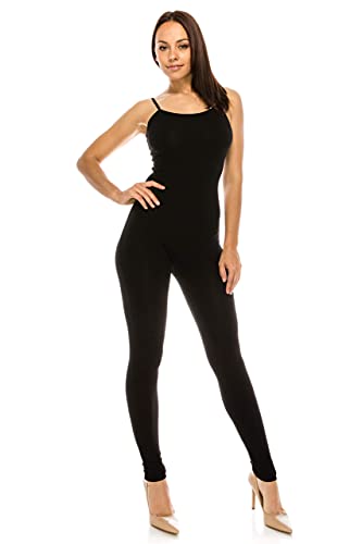 CNC STYLE C003 Women Active Plus n Regular Size Cotton Stretch Scoop Neck Sleeveless Tank Yoga One Piece Jumpsuit Unitard Bodysuit, Large, Black Spaghetti