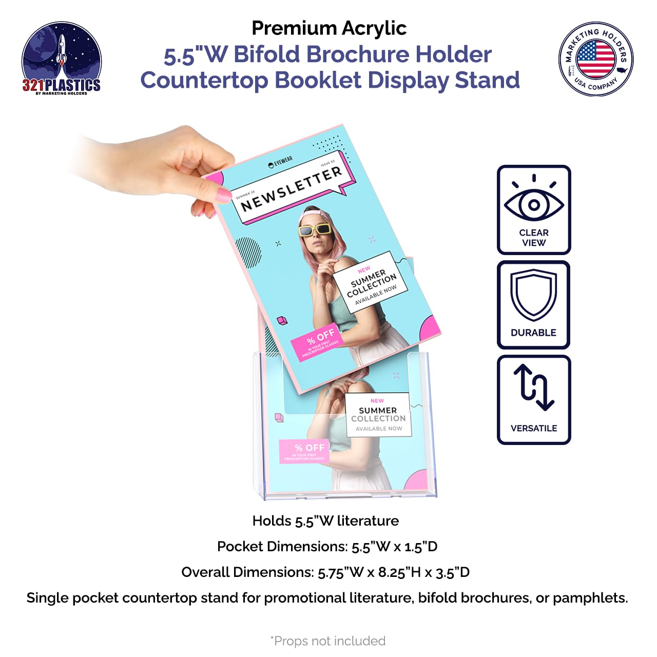 Marketing Holders 2 Pack Brochure Holder for 5.5" Bifolds Clear Acrylic Countertop Literature Organizer Space Saving Slant Back Booklet Dispenser for Trade Shows Expos and Conventions