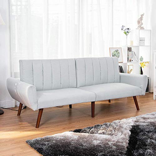 Giantex Futon Sofa Bed Folding Couch Convertible Mattress Premium Linen Upholstery and Wooden Legs (Gray)