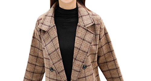 Tanming Women's Double Breasted Long Plaid Wool Blend Pea Coat Outerwear (Brown-M)