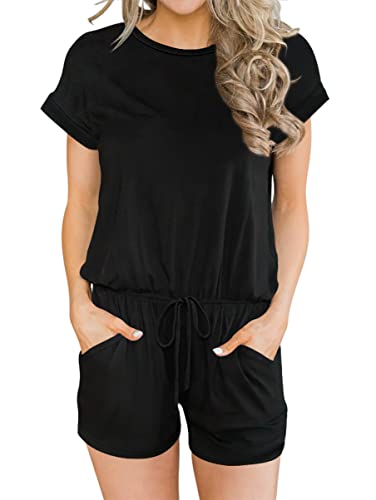 ANRABESS Women's Summer Black Casual Short Sleeve Crewneck Jumpsuit Rompers with Pockets Lounge Rompers HEI-L BYF-33