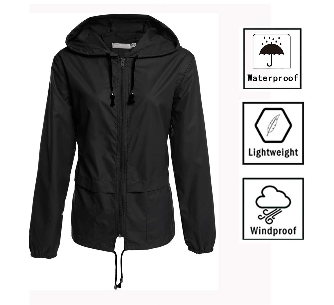 Hount Women's Lightweight Hooded Raincoat Waterproof Packable Active Outdoor Rain Jacket (Black, XL)