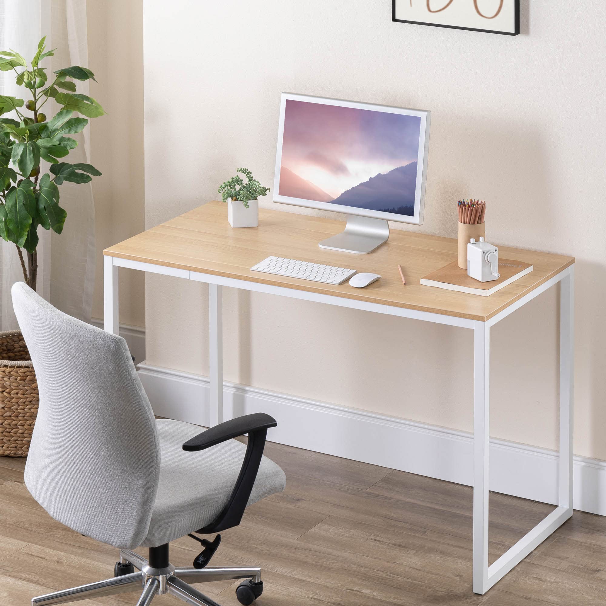 ZINUS Jennifer 47 Inch Computer Workstation, Office Desk - White Frame & Natural Top