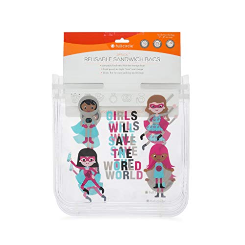 Full Circle Ziptuck Reusable Sandwich Bag - Multi-Use Leak-Free Food-Safe Storage Bag, BPA-Free – Set of 2 Sandwich Bags, Girl Heroes