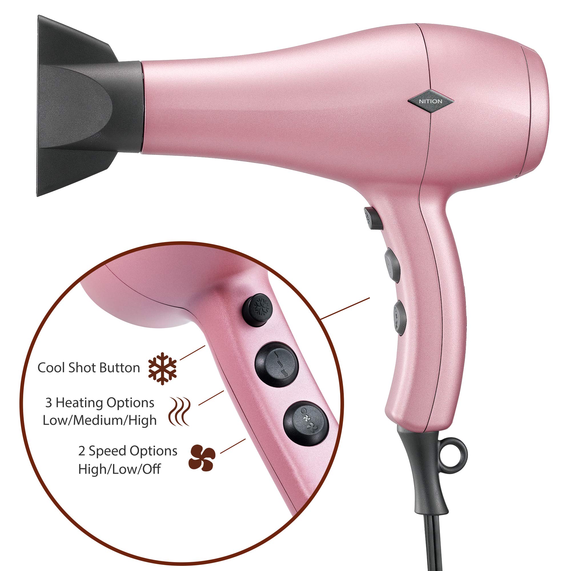 NITION Negative Ions Ceramic Hair Dryer with Diffuser (Large Size 5.3 inch) Attachment,Ionic Blow Dryer Quick Drying,1875 Watt 2 Speed / 3 Heat Settings,Cool Shot Button,Lightweight,Rose Pink