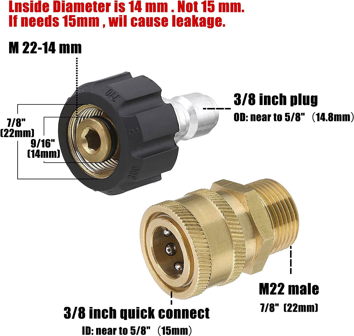 Tool Daily Pressure Washer Adapter Set, Quick Connect Kit, M22 14mm Swivel to M22 Metric Fitting, 5000 PSI