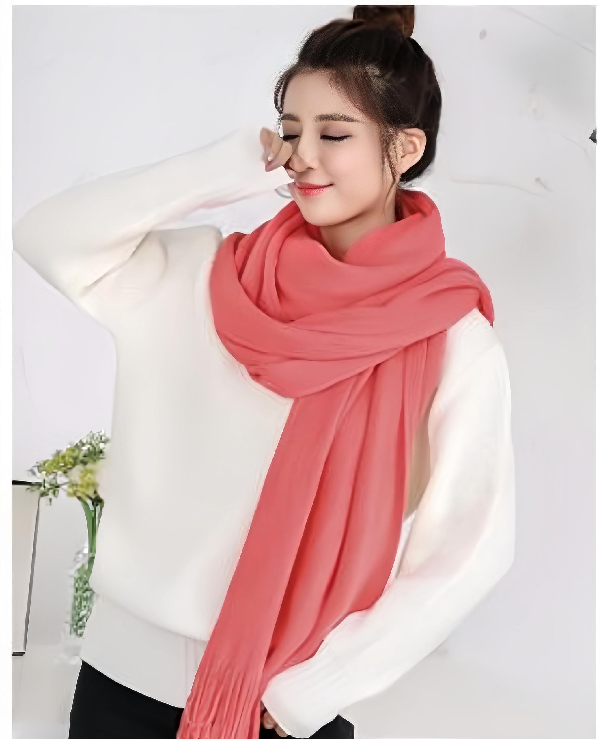 Wander Agio Women's Wraps Warm Long Scarves Winter Scarfs Pure Color Scarf Tassel Melon Red