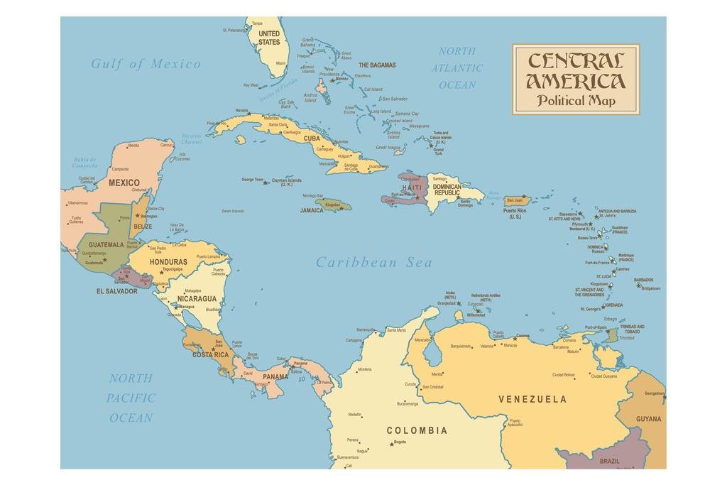 Laminated Central America Vintage Style Political Travel World Map with Cities in Detail Map Posters for Wall Map Art Geographical Illustration Tourist Travel Poster Dry Erase Wall Art 18x12