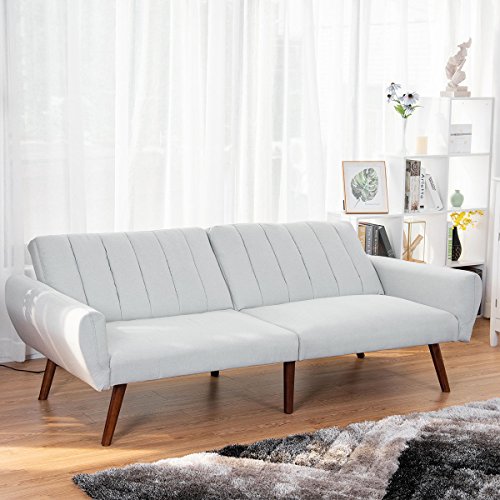 Giantex Futon Sofa Bed Folding Couch Convertible Mattress Premium Linen Upholstery and Wooden Legs (Gray)