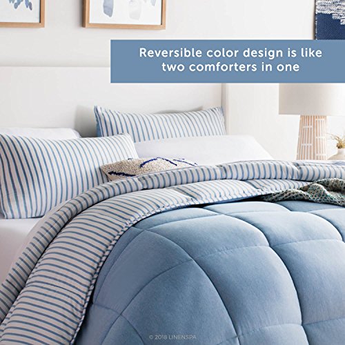 LINENSPA All Season Hypoallergenic Down Alternative Microfiber Comforter, King, Light Blue/White