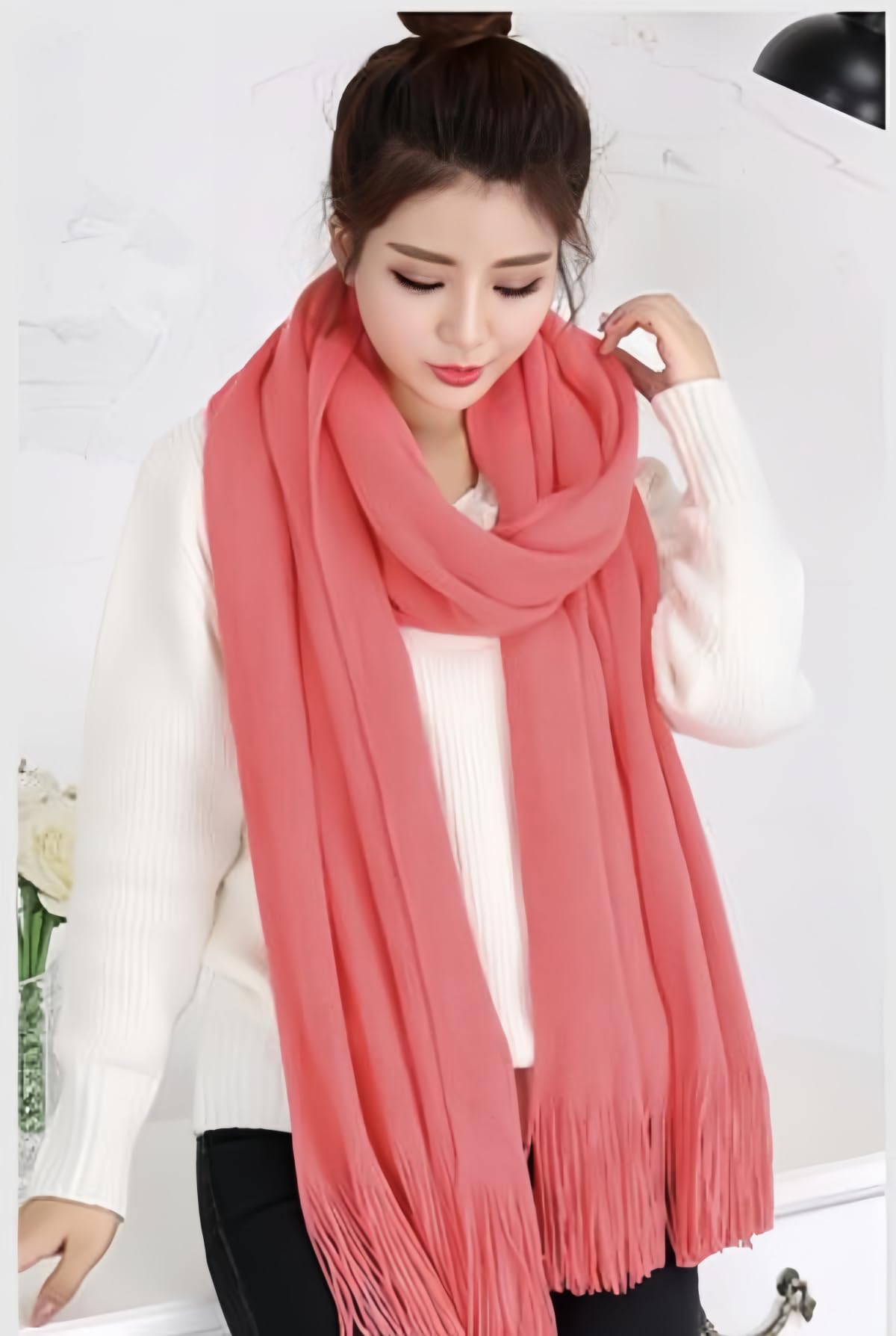 Wander Agio Women's Wraps Warm Long Scarves Winter Scarfs Pure Color Scarf Tassel Melon Red