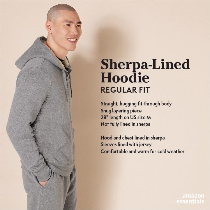 Amazon Essentials Hoodie For Men, Sherpa-Lined Full-Zip Fleece Sweatshirt, Medium, Black