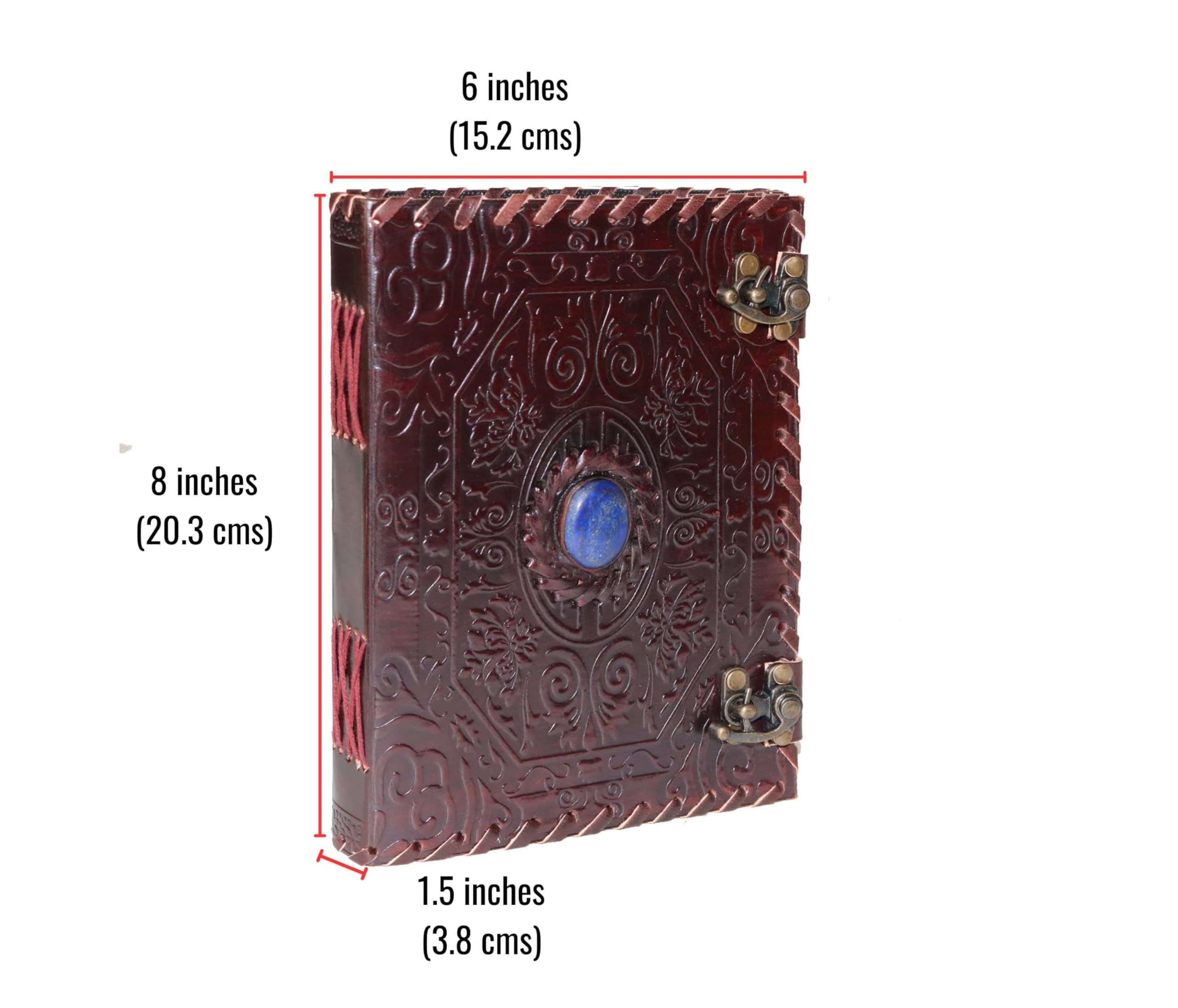8" Leather Journal with string closure & stone Writing Pad Blank Notebook Handmade Notepad For Men & Women Unlined Paper Art Sketchbook Travel Diary To Write Book Of Shadows Refillable Grimoire Large
