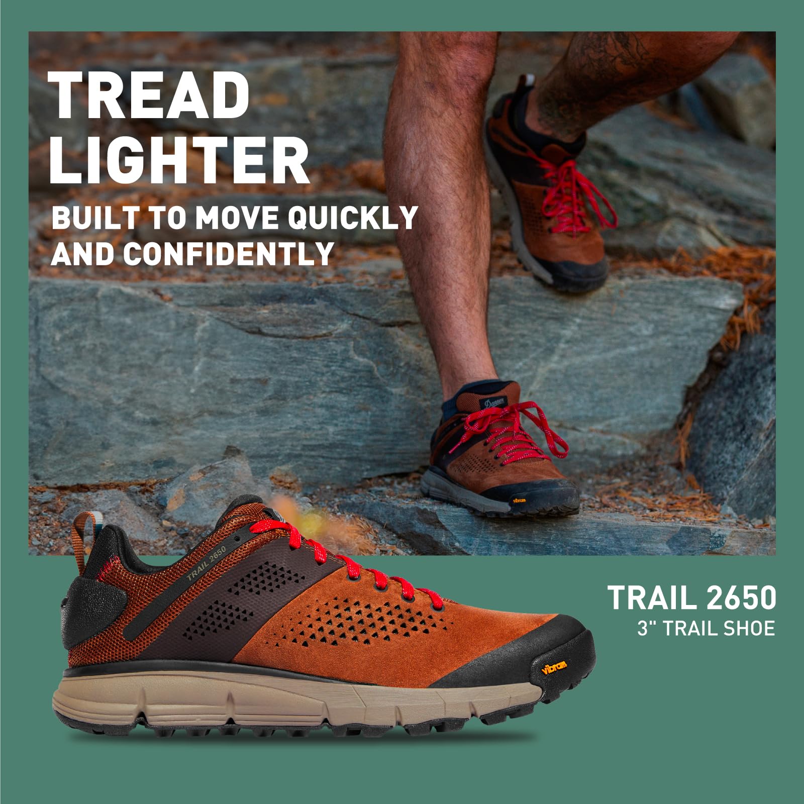 Danner Trail 2650 Hiking Shoes for Men - Durable Suede, Lightweight Textile with Breathable Mesh Lining, Ortholite Footbed, & Vibram Traction Outsole, Brown/Red - 10.5 D